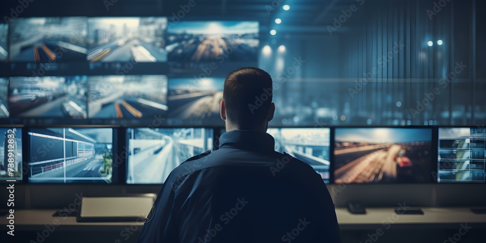 Security guard monitoring CCTV system in control room to ensure ...