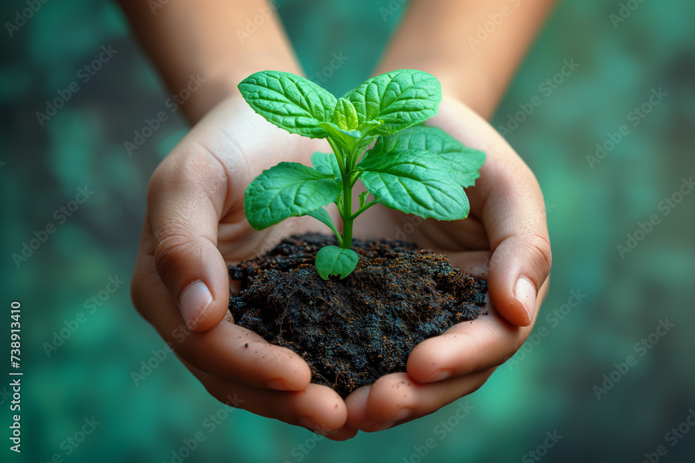 Farmer planting a small tree in spring, sprout growing from the soil ...