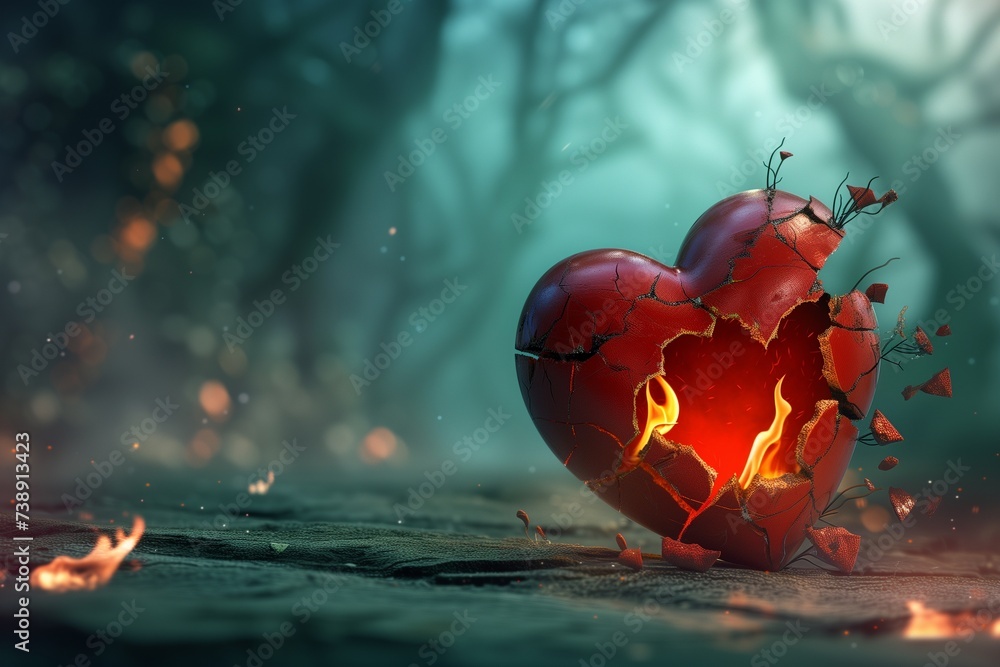 A red heart, broken into pieces with flames erupting from the crevices ...