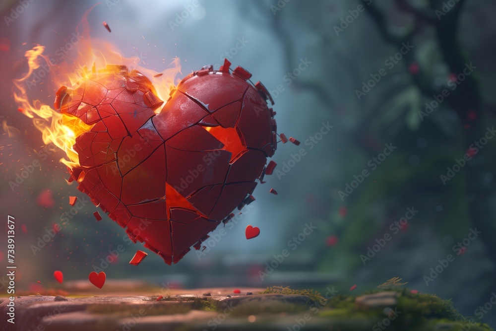 A red heart, broken into pieces with flames erupting from the crevices ...