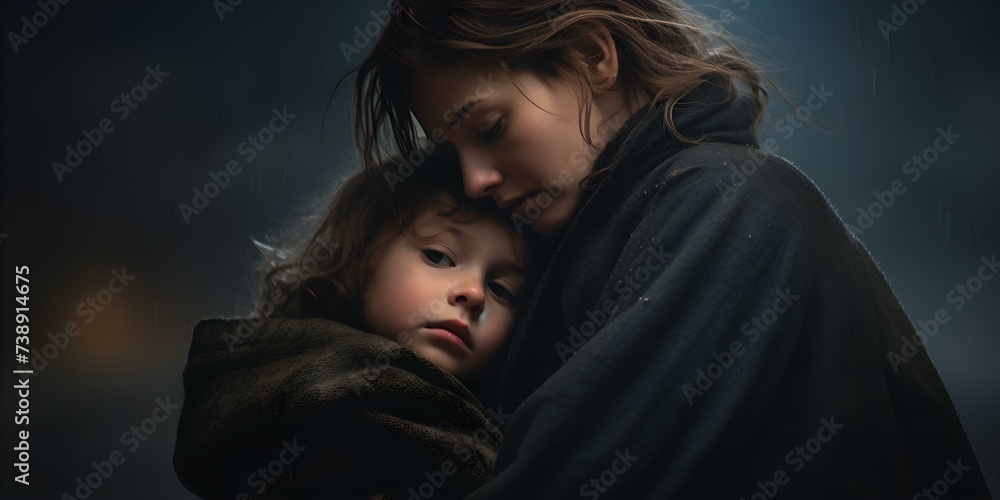 A young child seeking comfort from his mother expressing vulnerability ...