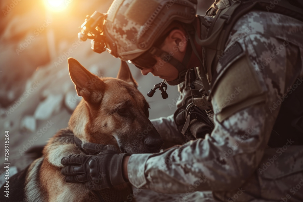 Tender Moment Between a Soldier and His Military Service Dog at Sunset ...