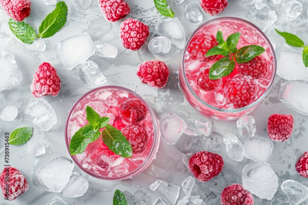 Two vibrant raspberry cocktails with mint amidst a chilly setting of ice and raspberries. Stock ...