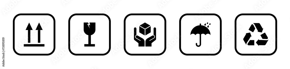 Packaging symbols set. Packaging cargo icon. Caution signs for package ...