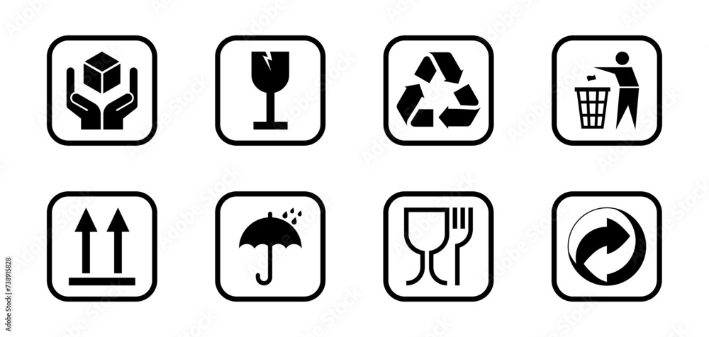 Packaging symbols set. Packaging cargo icon. Caution signs for package ...