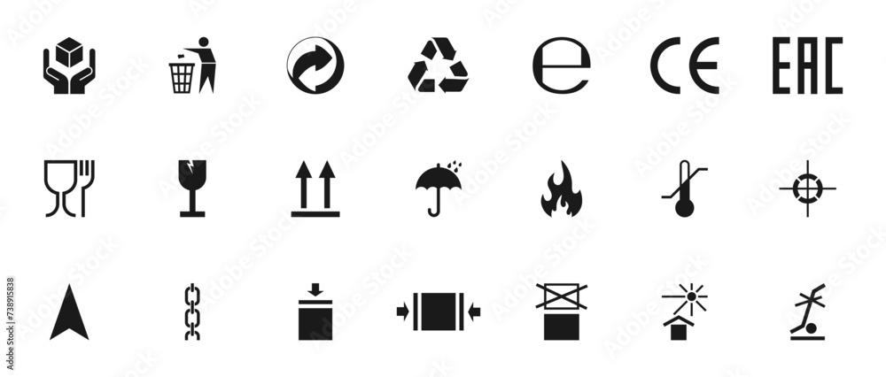 Packaging symbols set. Packaging cargo icon. Caution signs for package ...