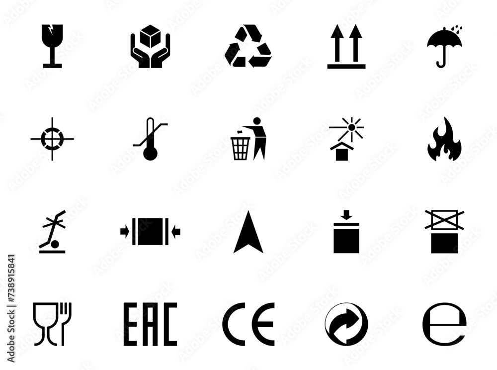 Packaging symbols set. Packaging cargo icon. Caution signs for package ...