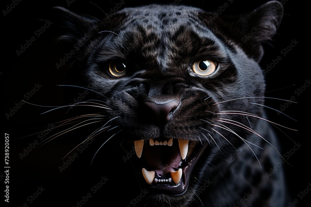 A majestic black panther snarls, revealing sharp fangs and intense ...