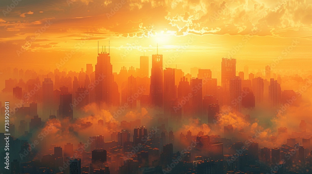 Picture of a heatwave-stricken city skyline shrouded in smog ...