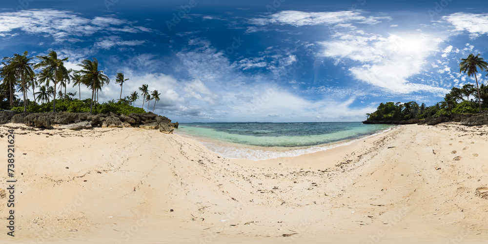 Tropical beach with coconut trees and waves on sand. Carabao Island in ...