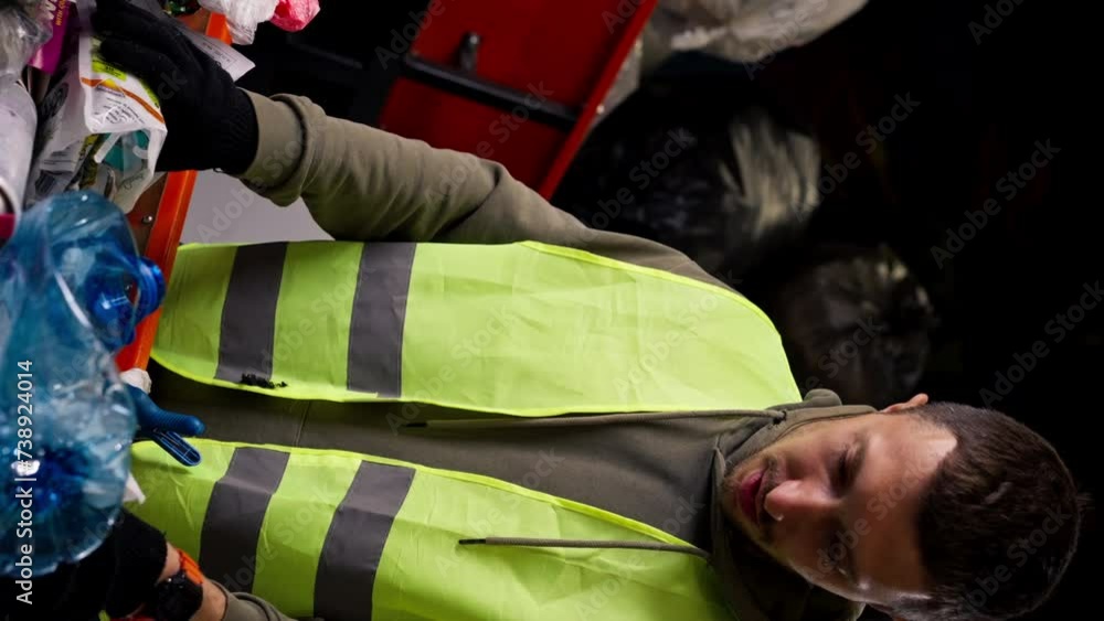 vertical video portrait of concentrated male worker in gloves and ...
