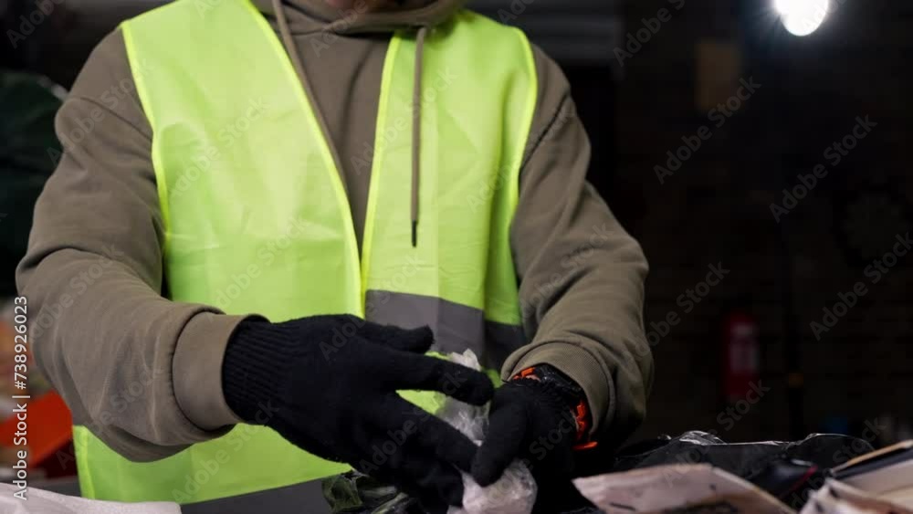 close-up of hands of male worker in gloves and safety vest sorting ...