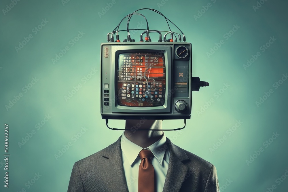 Figure with an intricate TV set as head, wires exposed. Hyper-Realistic ...