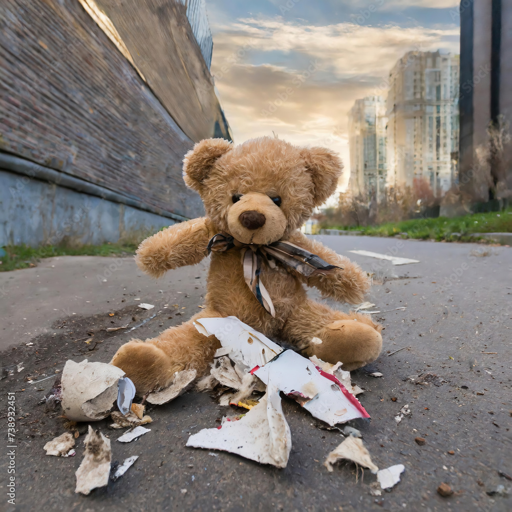 Abandoned Teddy bear sits on the street with the garbage in the city ...