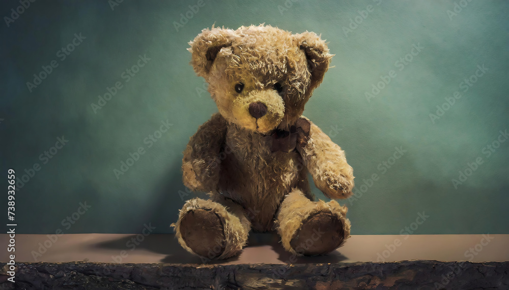 An old and worn sad looking Teddy bear sitting next to a wall ...