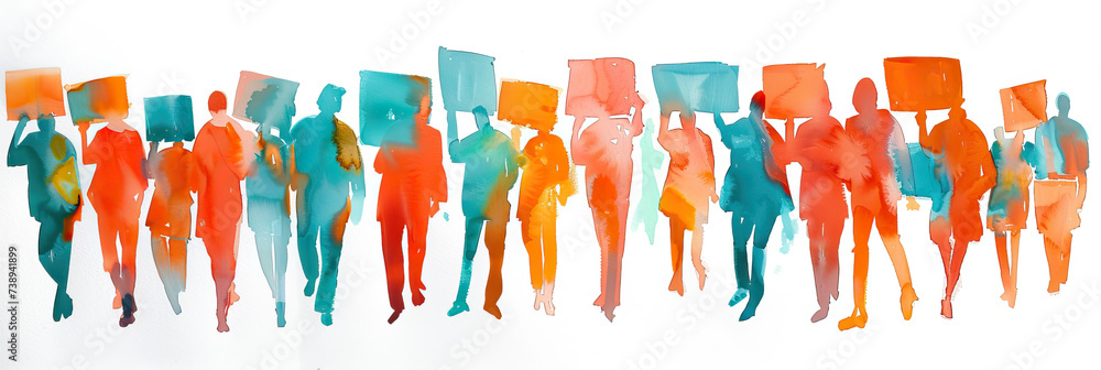 Colorful watercolor painting of a protest march. Young people are ...