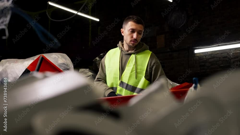 portrait of concentrated male worker in gloves and safety vest sorting ...