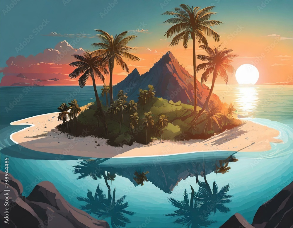 Inselillustrationen mit schöner Farbgebung. Trauminsel zum Urlaub ...