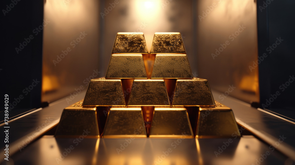 Stack of gold bars on a chrome metal vault, digital photography, close-up of gold bar. Showing a ...