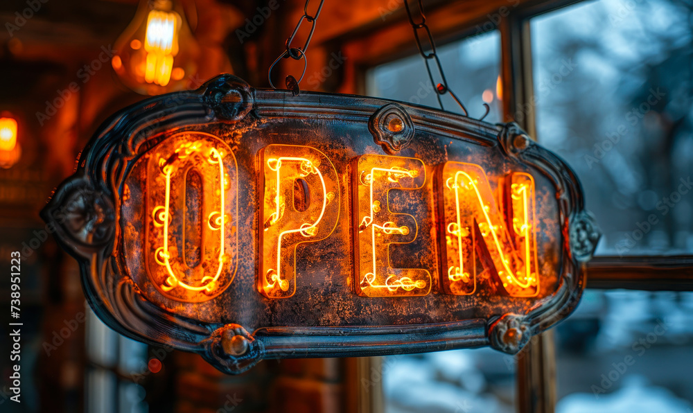 Vintage Neon Open Sign Hanging on a Glass Window with Warm Glowing ...