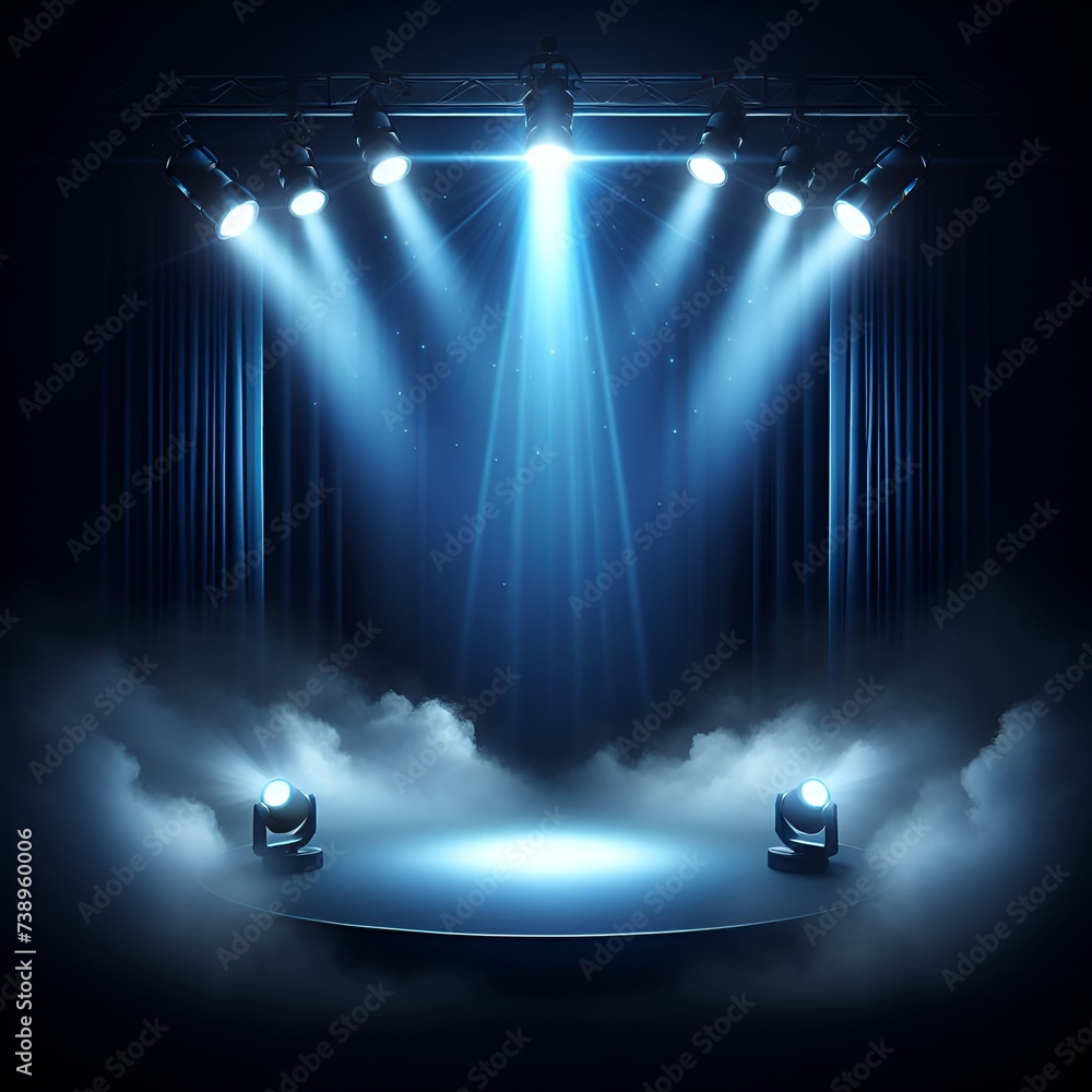 Empty Illuminated stage with scenic lights and smoke. Bhite spotlight ...