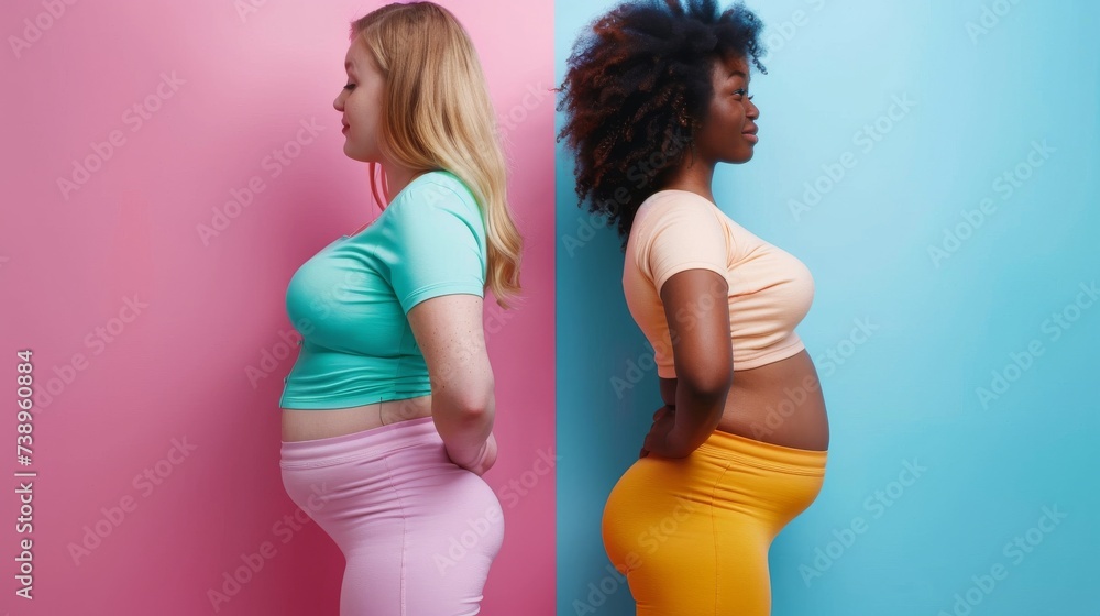 A stylish woman in a pink and yellow outfit leans against a wall ...