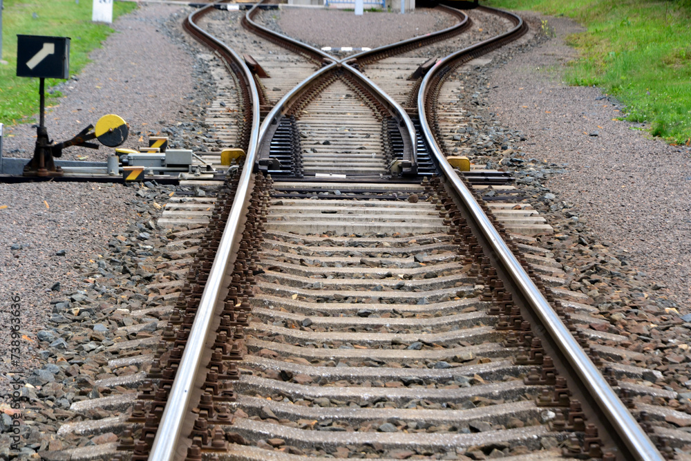 Track, two rails supporting and guiding the wheels of rail vehicles, placed on sleepers in a ...