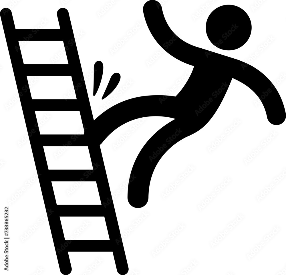 Caution symbol, icon of stick figure man falling from ladder. Workplace ...