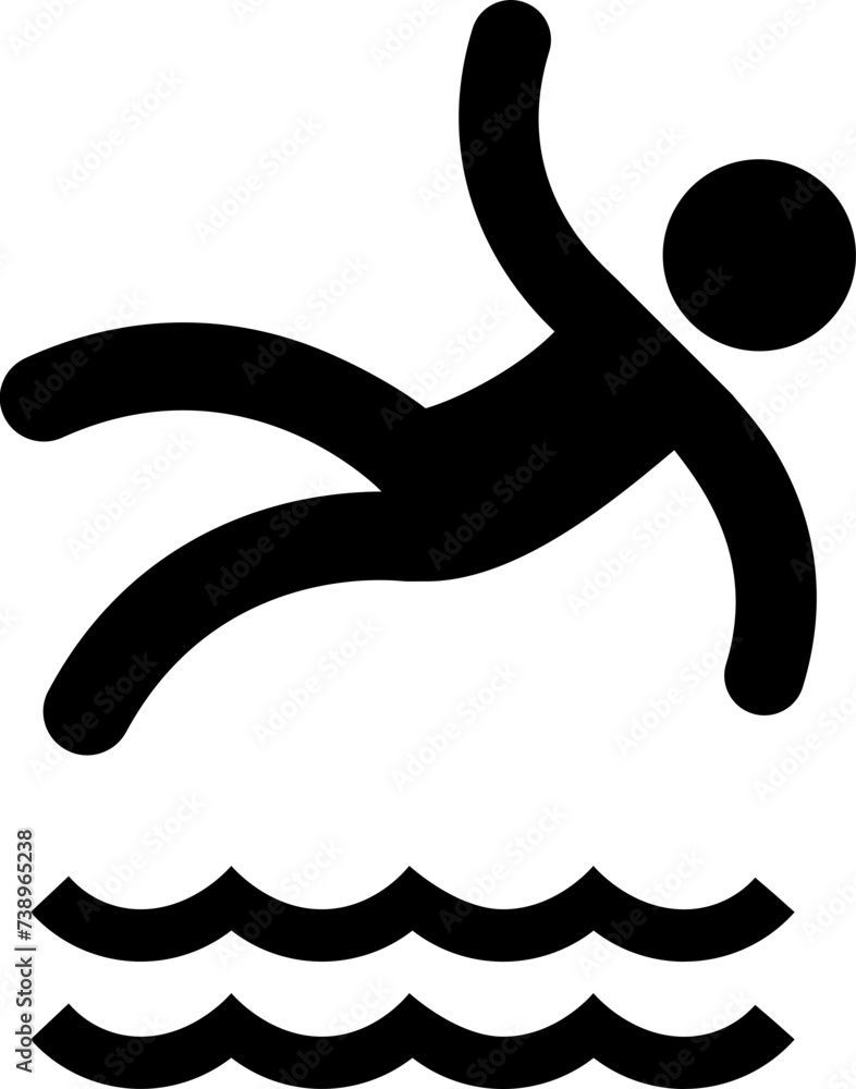 Caution symbol, icon of stick figure man falling in water. Workplace ...