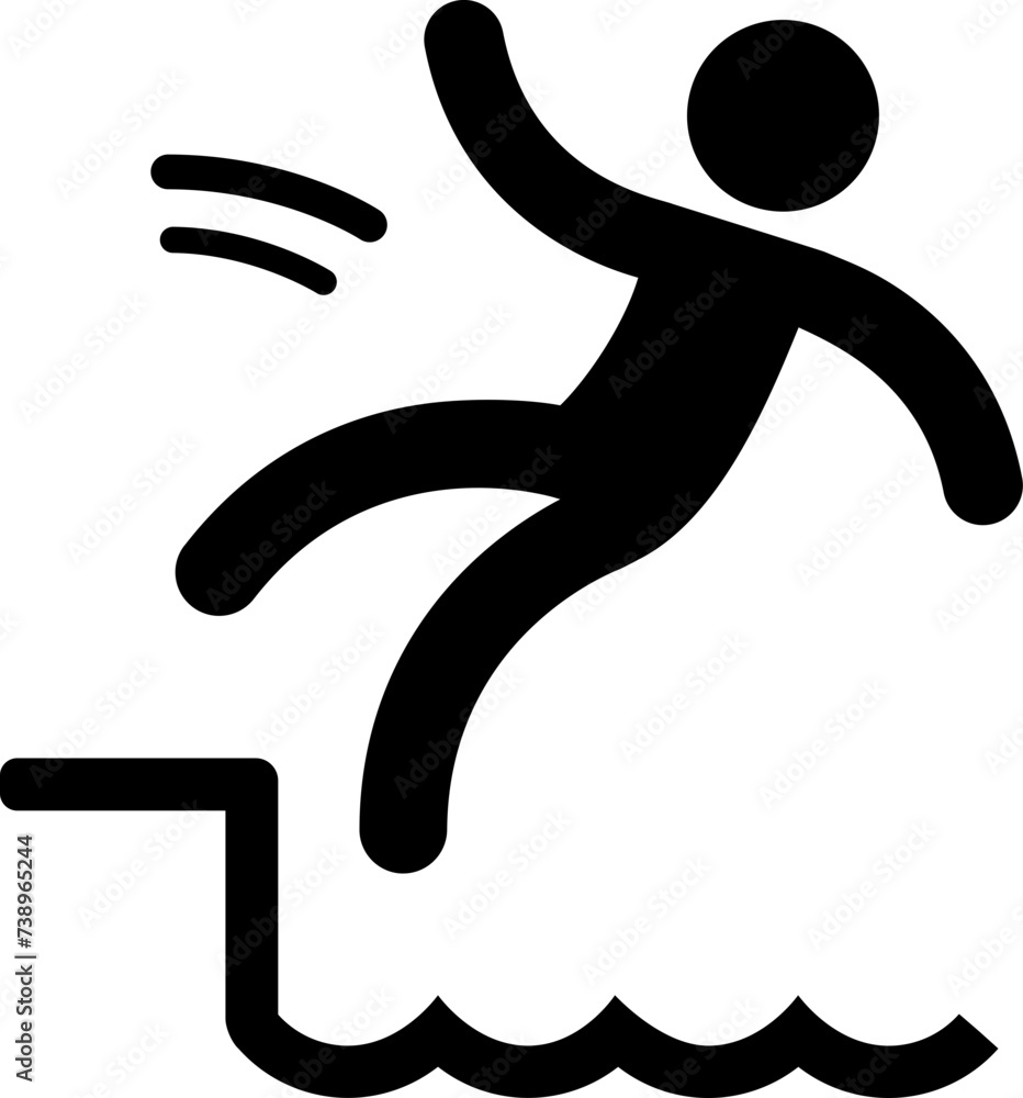 Caution symbol, icon of stick figure man falling in water. Workplace ...