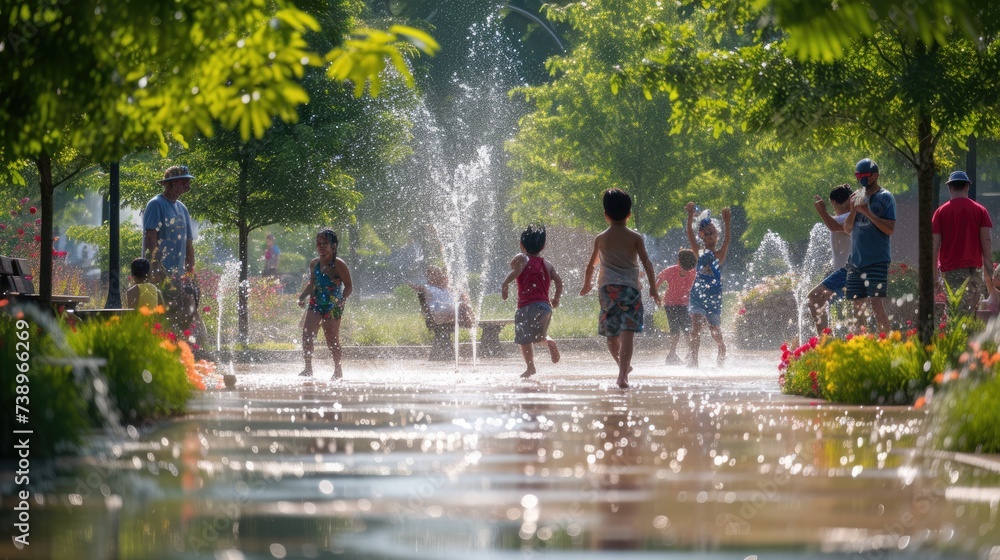 Kids frolic in a park fountain, reveling in the joy of water amidst the ...