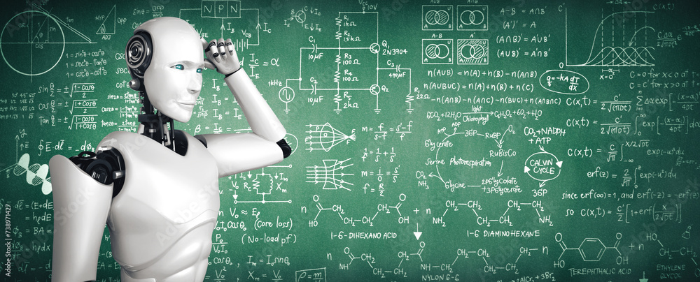 XAI 3d illustration Thinking AI humanoid robot analyzing screen of ...