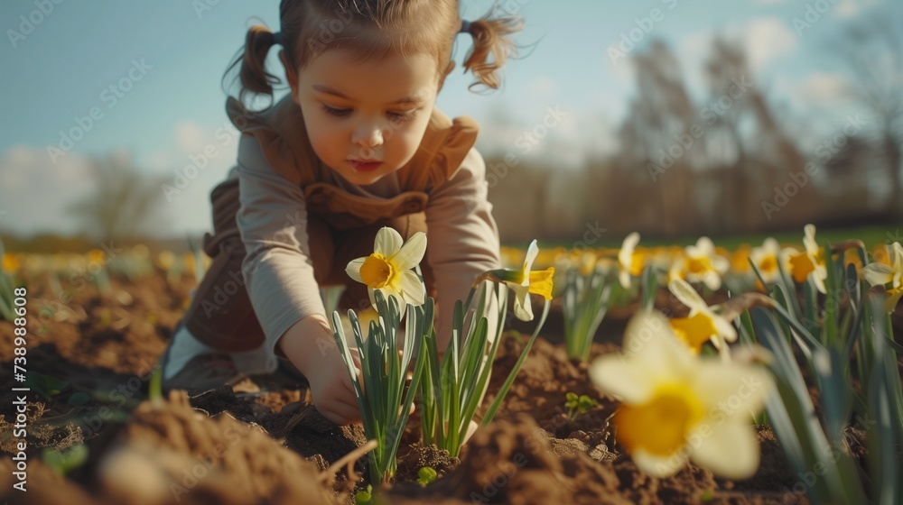 Toddler girl playing in daffodil flower field. Child gardening, kid ...