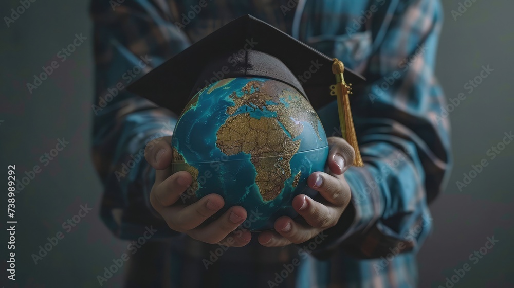 Education in Global world, Graduation cap on Businessman holding Earth ...