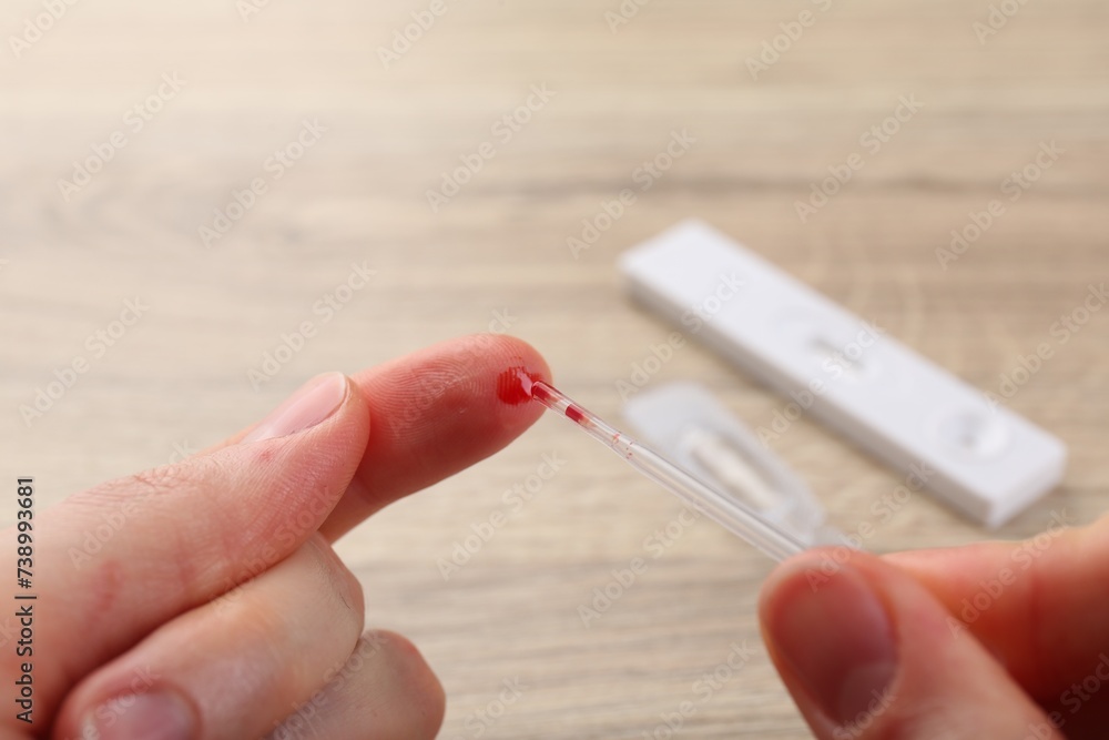 Laboratory testing. Woman taking blood sample from finger with pipette ...