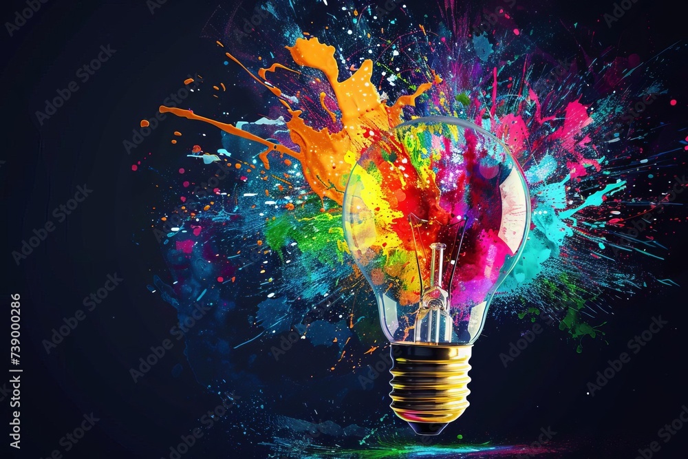 Exploding light bulb filled with a rainbow of paint splashes ...