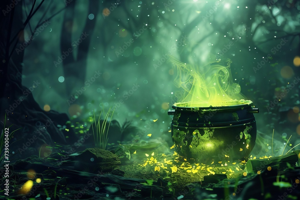 Mystical cauldron Vibrant green potion Misty enchanted forest backdrop ...