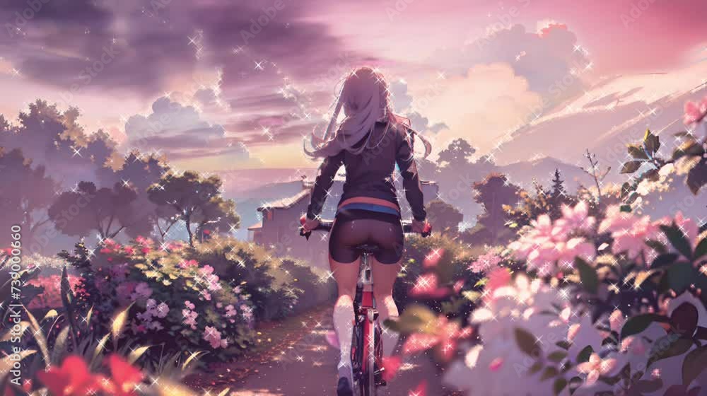 An animated female character joyfully cycling through a beautiful ...