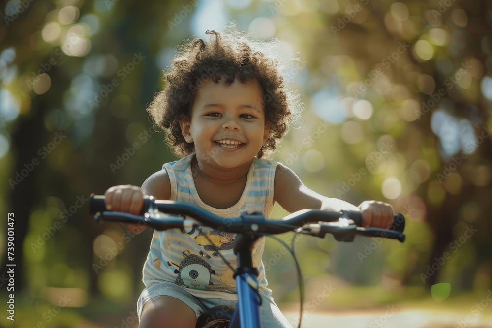 Young child experiencing the thrill of riding a bike for the first time ...