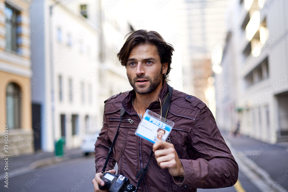 Photographer, journalist and news with man in city for running, press ...