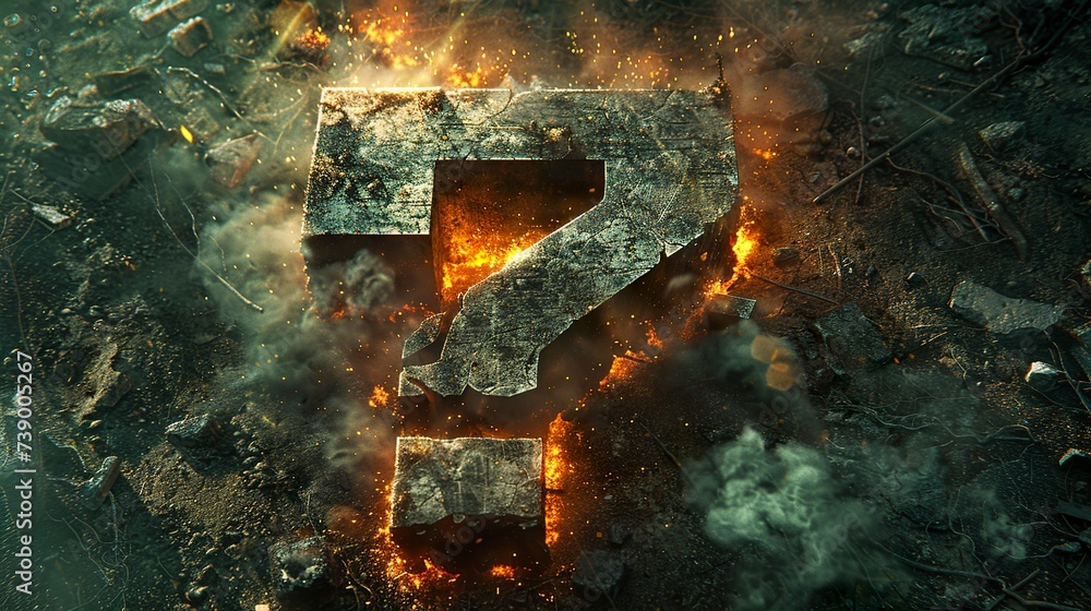 An illustration of a rustic metal question mark on a dark red ...