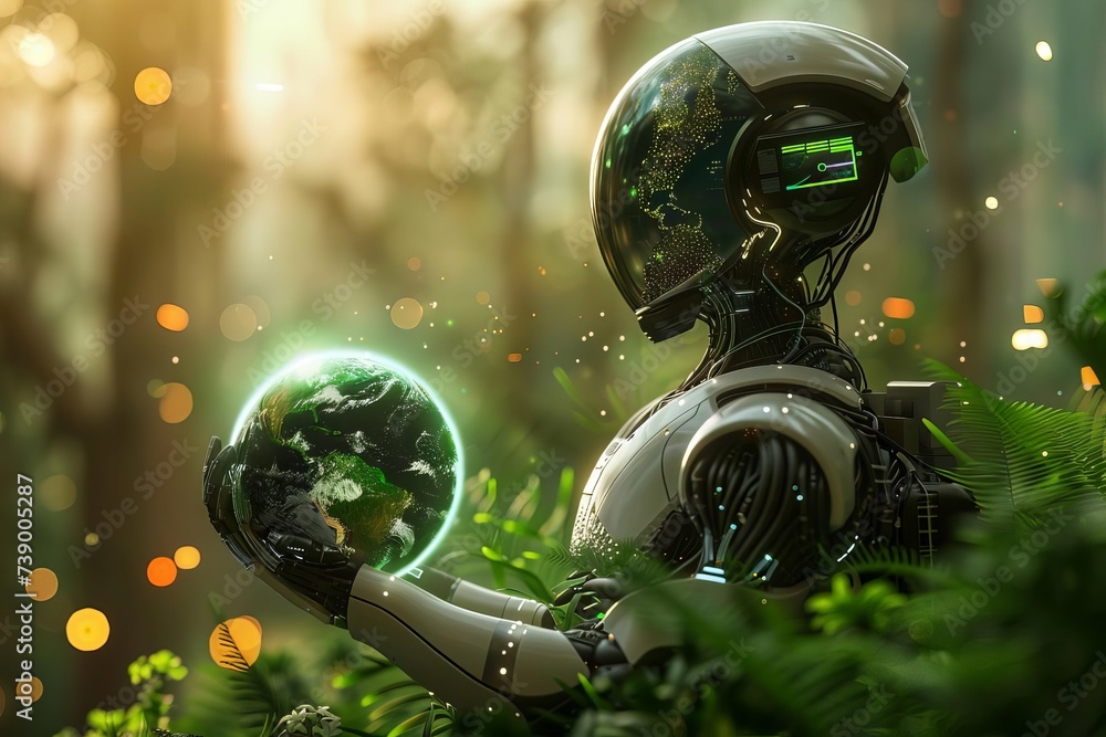 Futuristic concept art showing a robot holding the earth Surrounded by ...