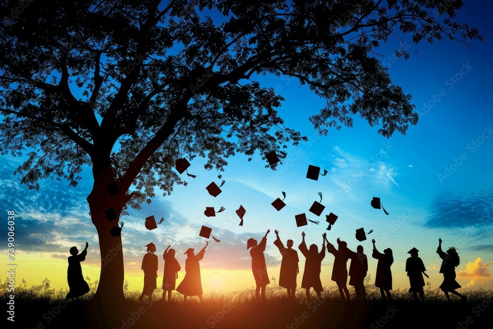 Graduation celebration Students joyously throwing caps in the air ...