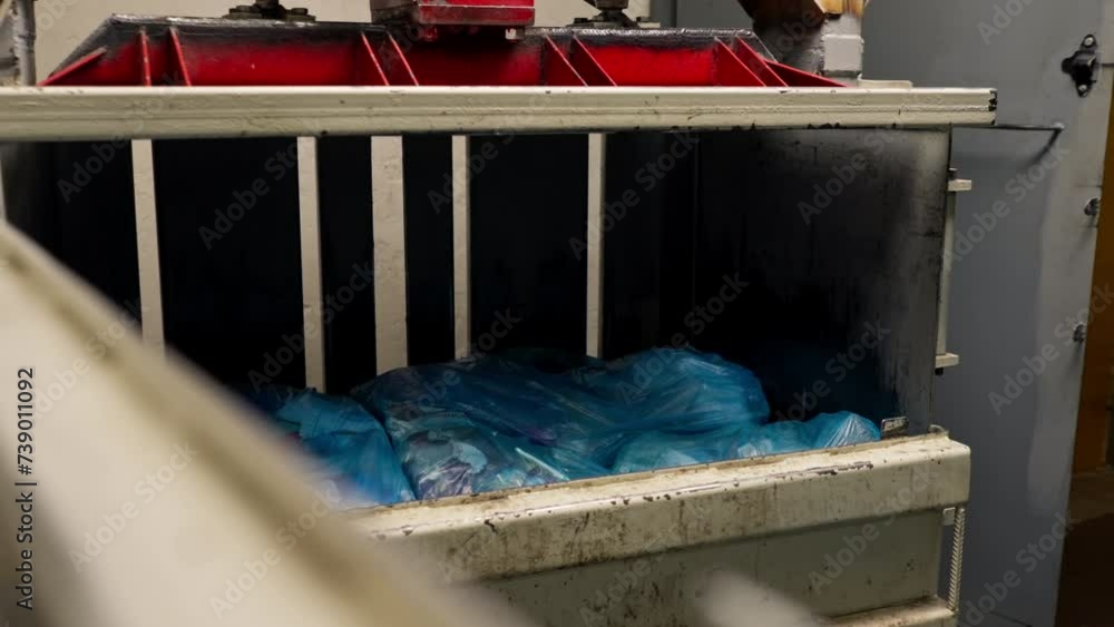 Vidéo Stock Special garbage compactor machine presses large garbage bag ...