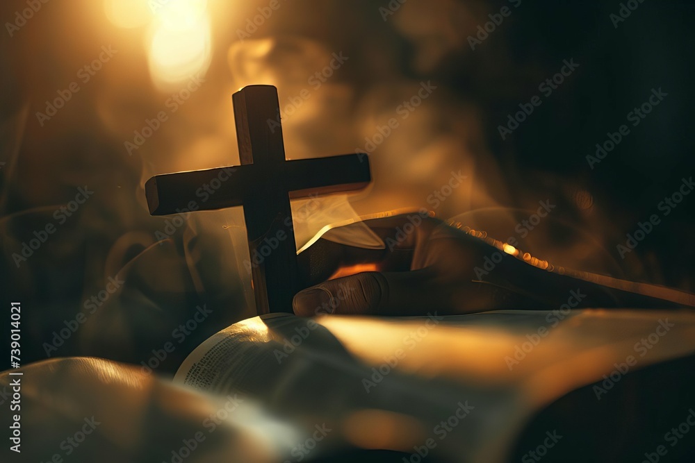 Peaceful moment of faith captured as a person holds a wooden cross over ...