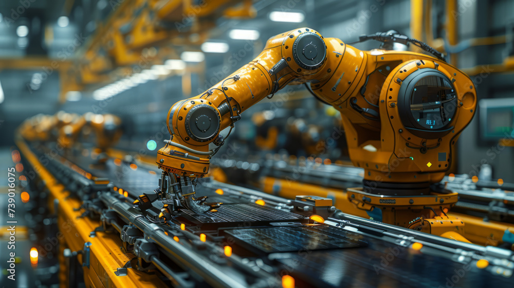 Solar panel placed on conveyor belt, operated by automatized robot arm ...