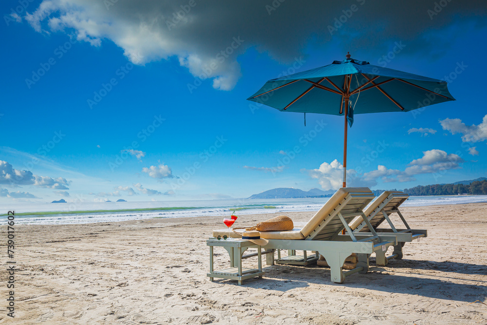 Beaches and sun tables in Thailand,Row of empty sun loungers and orange ...
