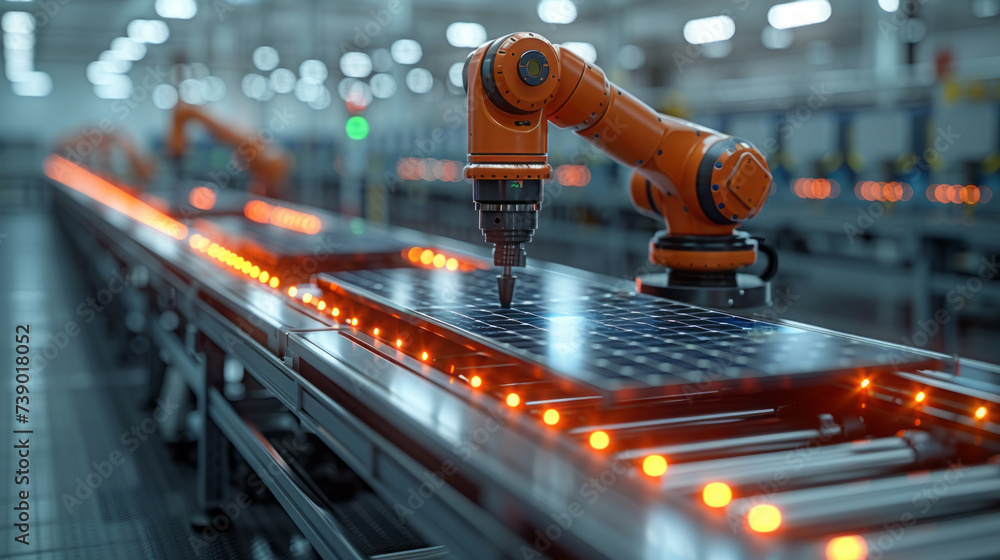 Solar panel placed on conveyor belt, operated by automatized robot arm ...