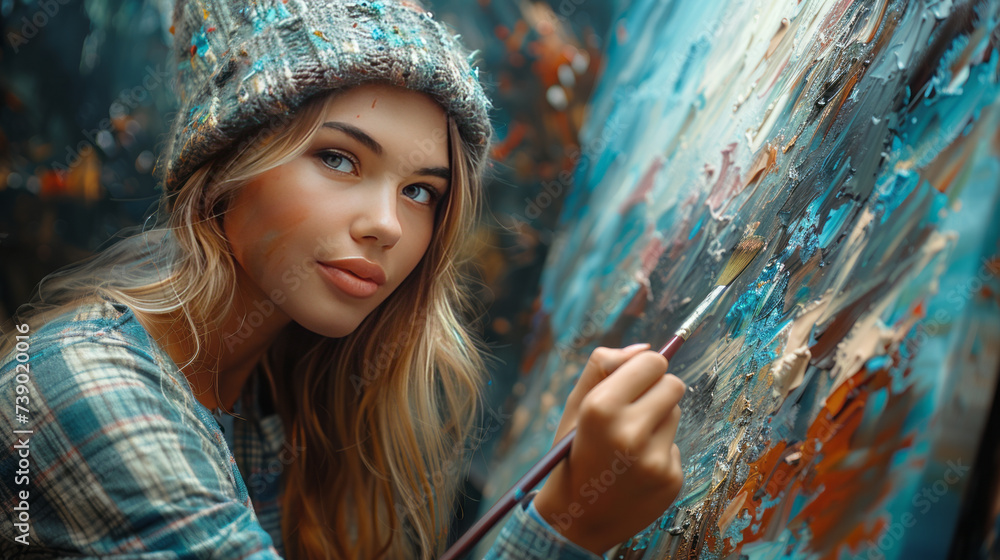 Talented little cute girl Artist Energetically and Violently Using ...