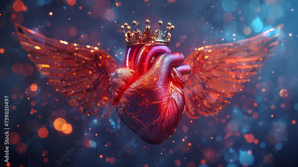 Human heart with a crown and wings. 3d render of a fantasy organ with ...